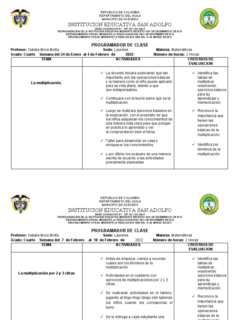 Programador de Clase Matematicas Grado Cuarto | PDF | Evaluación | Cognición