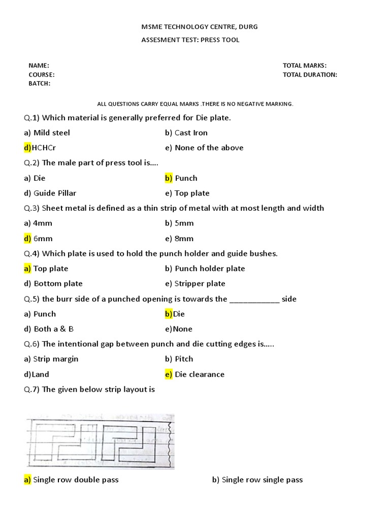 Msme Technology Centre, Durg Assesment Test: Press Tool: Name: Total ...