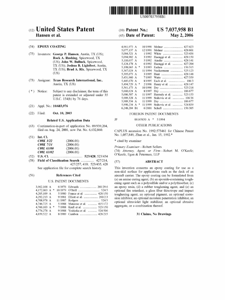 United States Patent (10) Patent No.: US 7,037,958 B1 | PDF | Epoxy ...