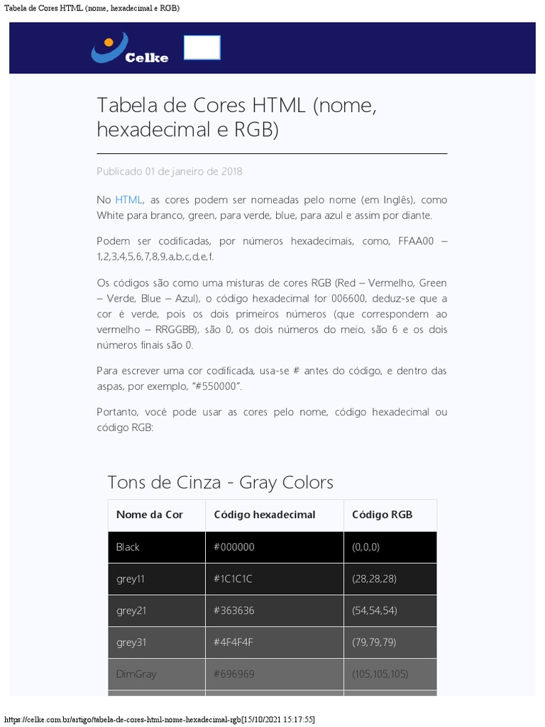 Tabela de Cores HTML e Códigos Hexadecimais | PDF | Modelo de cores RGB ...