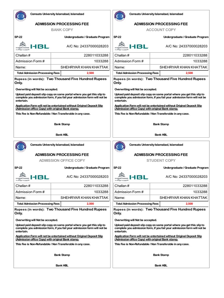 Bank Copy Account Copy: Admission Processing Fee Admission Processing ...