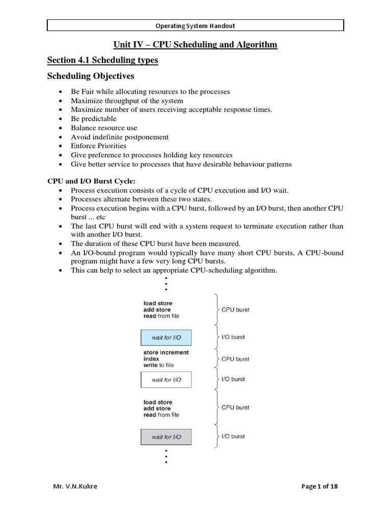 Unit Iv Cpu Scheduling And Algorithm Section 4 1 Scheduling Types Scheduling Objectives Pdf