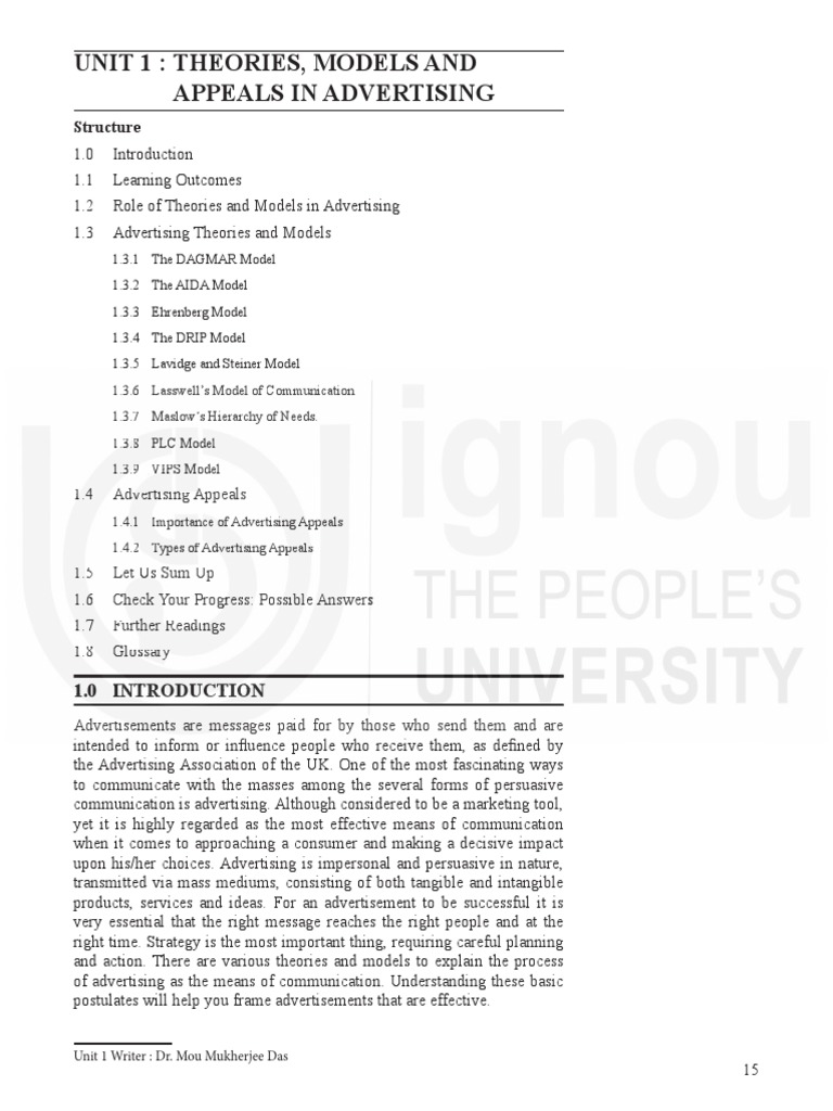 Unit 1: Theories, Models and Appeals in Advertising: Structure ...