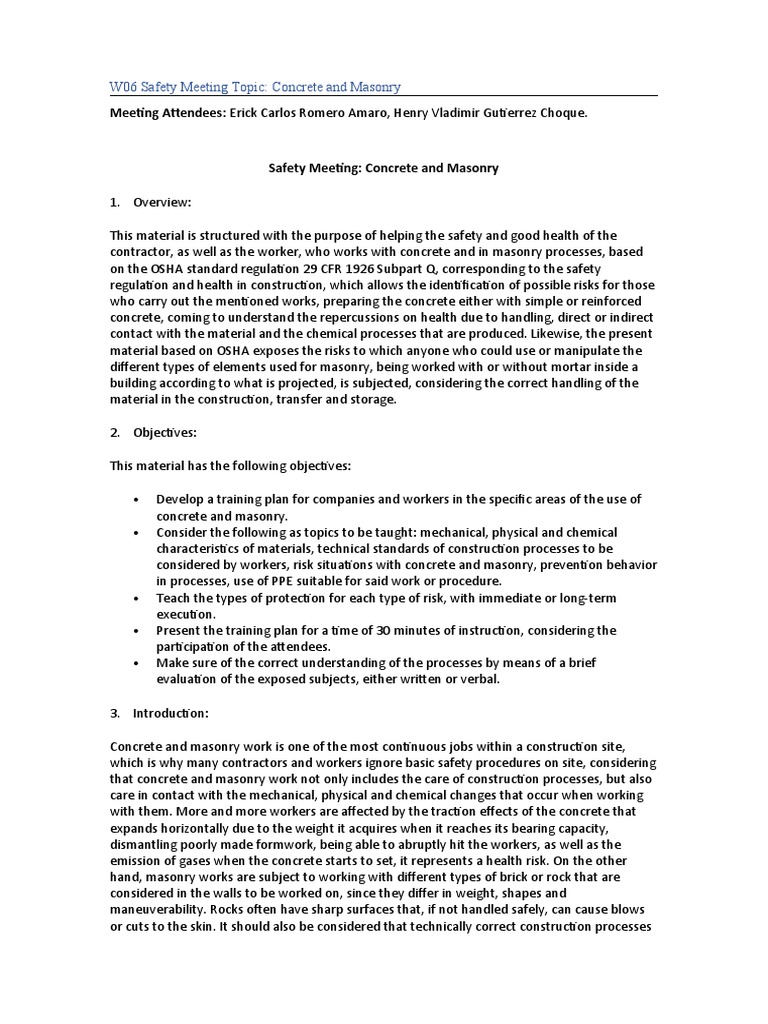 W06 Lesson Plan - Safety Meeting-Concrete and Masonry | PDF | Concrete ...