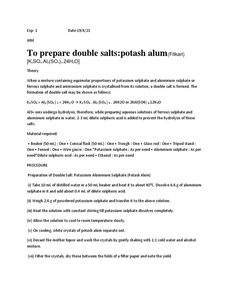 Chemistry Practical EXP-1-Preparation of Potash Alum Crystals | PDF