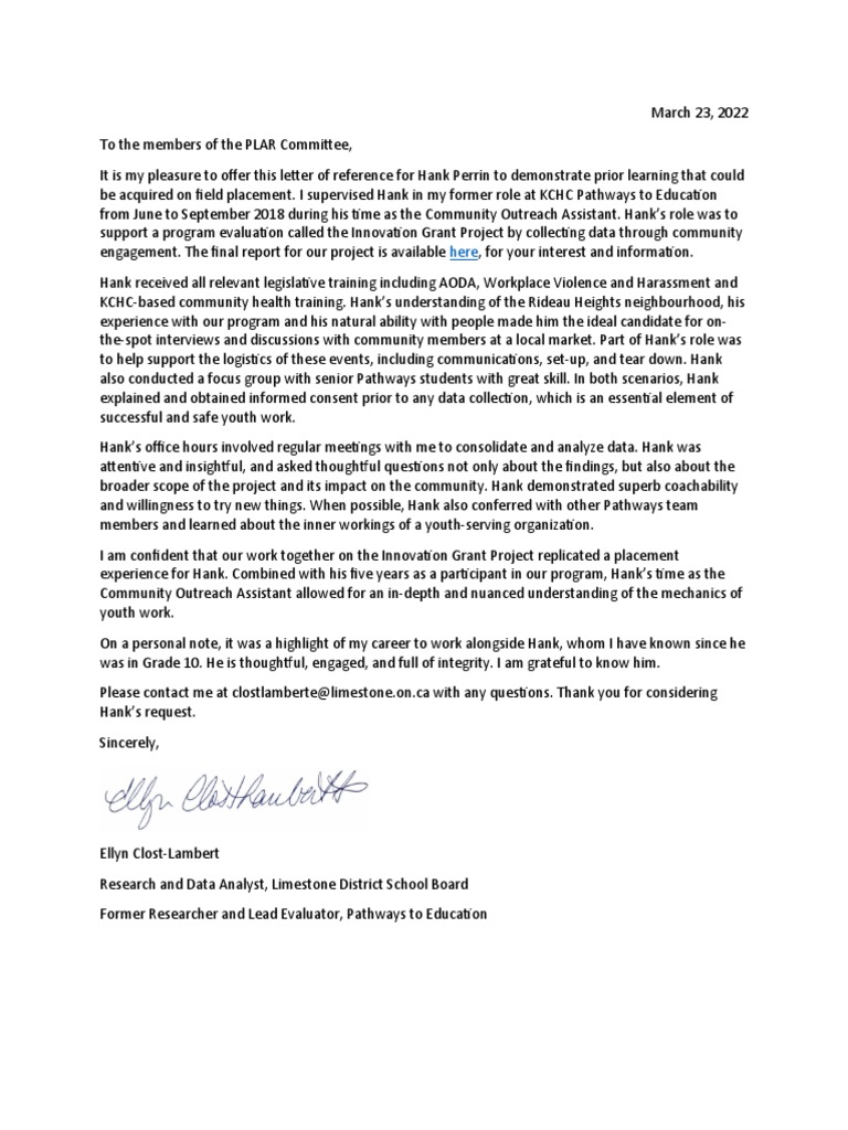 Reference Letter For Hank Plar Committee | PDF | Focus Group ...