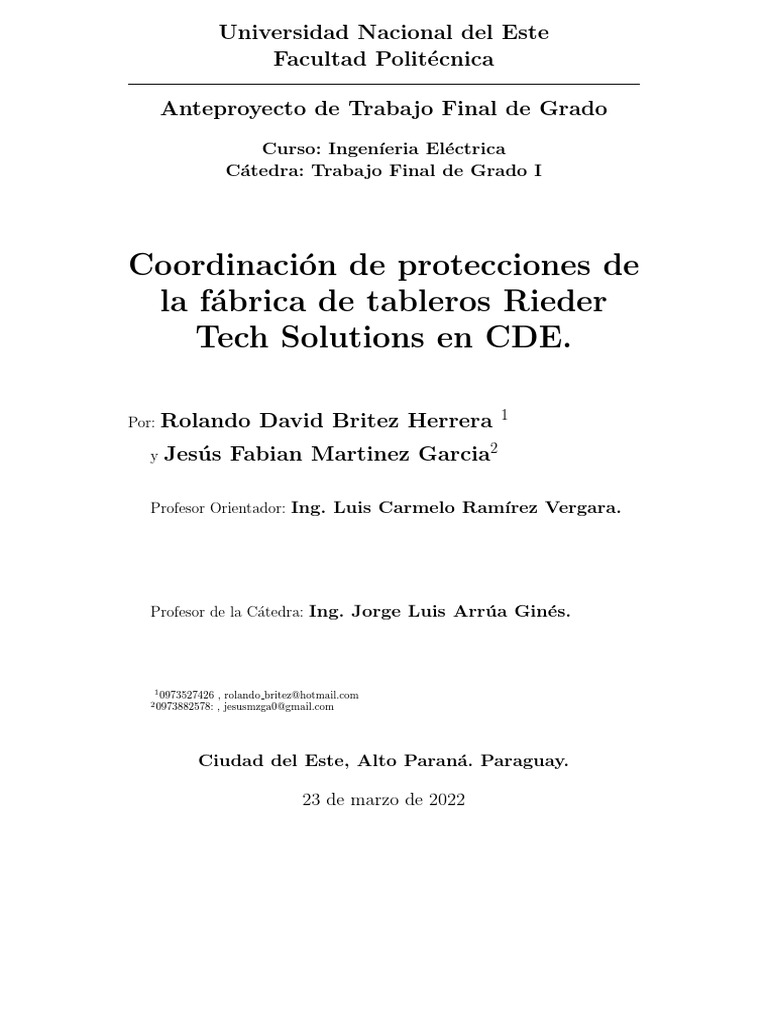 Coordinaci N de Protecciones de La Fabrica de Tableros Rieder Tech Solutions en CDE 1 | PDF ...