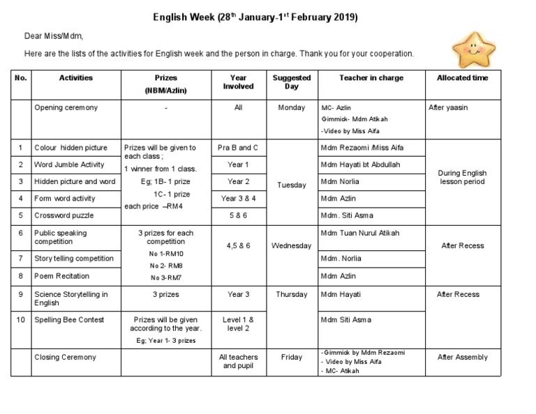 List of Suggested Activities For English Week | PDF