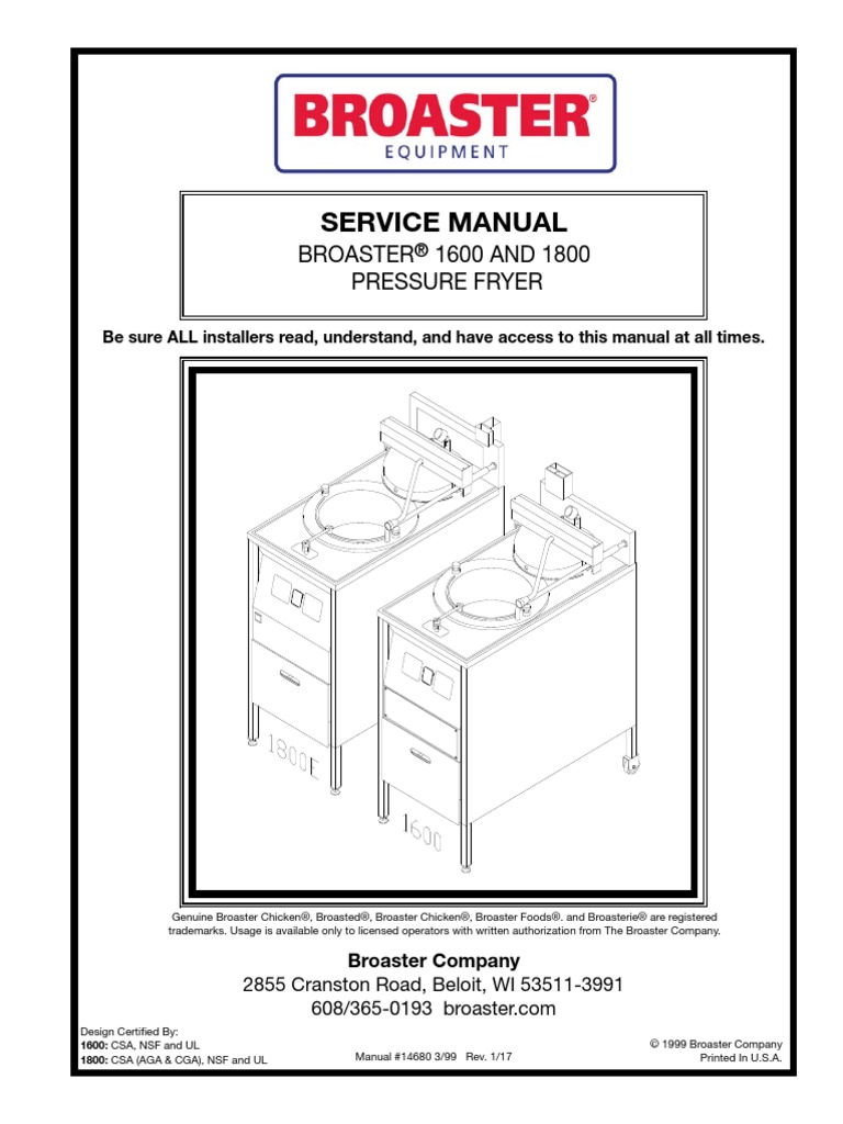 Service Manual: Broaster 1600 AND 1800 Pressure Fryer | PDF | Switch ...