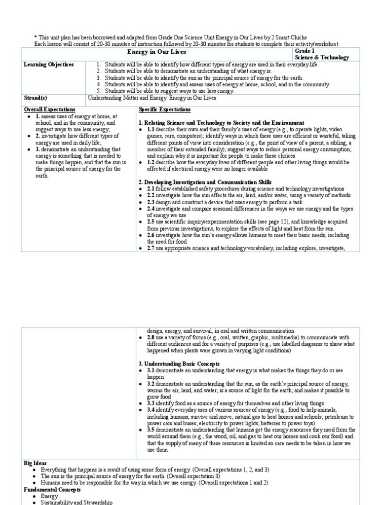 Grade 1 Science Unit - Energy in Our Lives | PDF | Energy Development | Sun