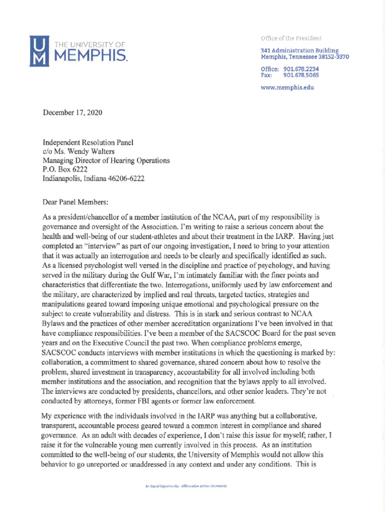 12.17.20, Letter From UM President To IRP | PDF