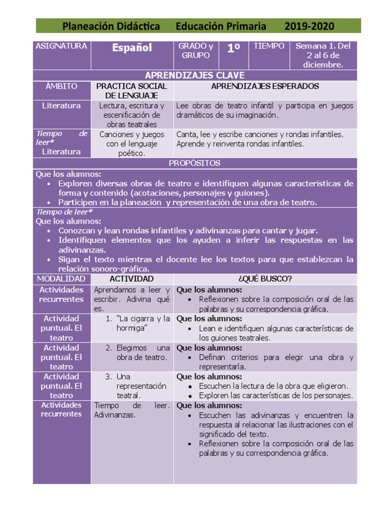 1er Grado Español (2019-2020) | PDF | Teatro | Educación primaria