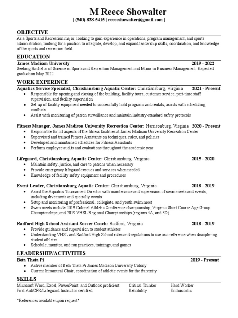 Sports Management Resume of M. Reece Showalter | PDF