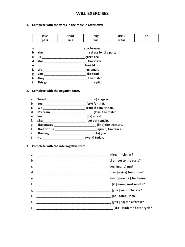 Will Exercises: 1. Complete With The Verbs in The Table in Affirmative ...