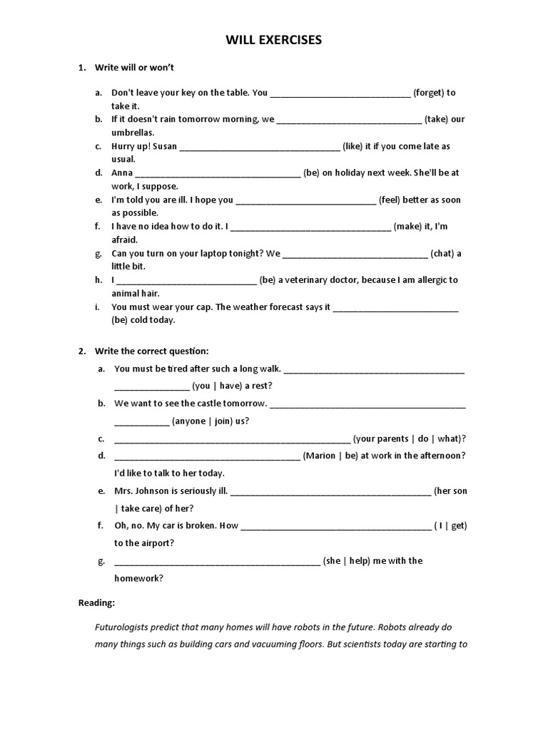 Will Exercises: 1. Write Will or Won't | PDF | Language Arts & Discipline