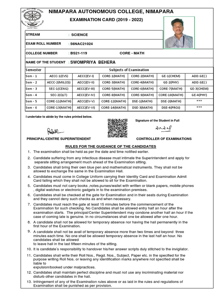 Nimapara Autonomous College, Nimapara: EXAMINATION CARD (2019 - 2022) | PDF