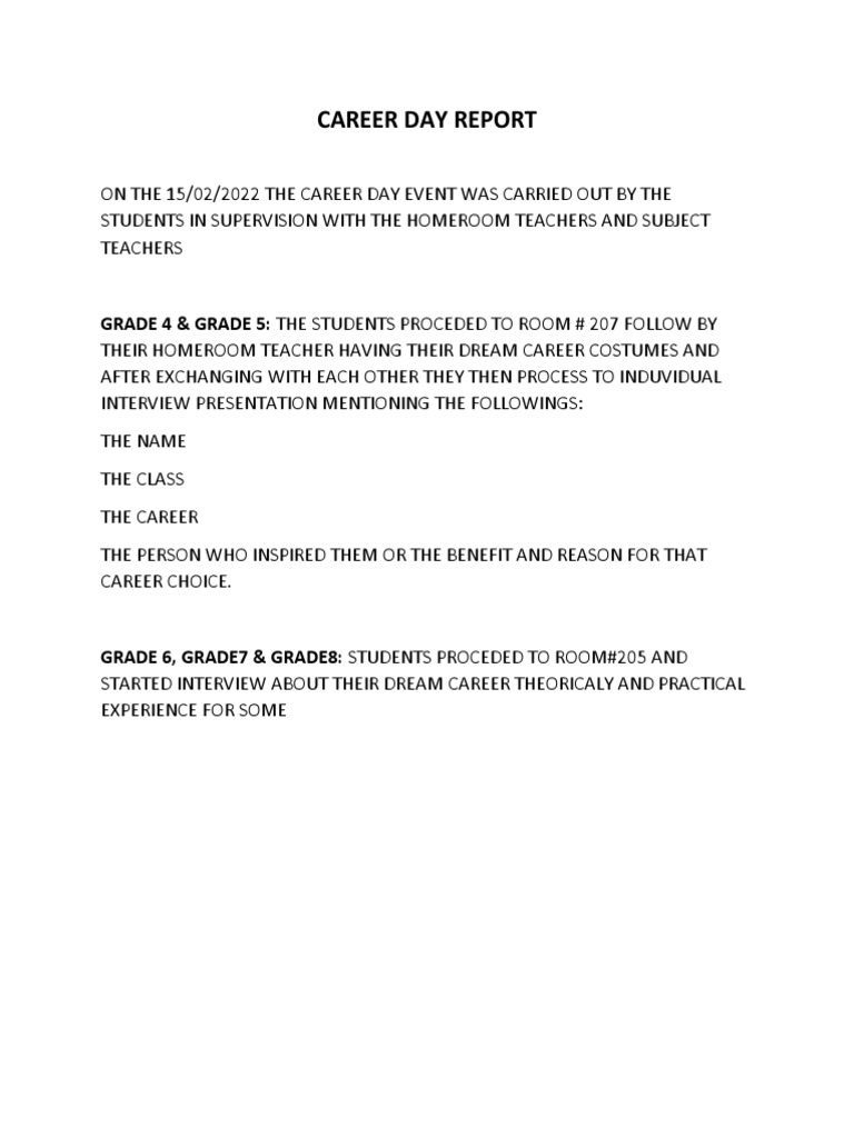 Career Day Report: Grade 4 & Grade 5: The Students Proceded To Room ...