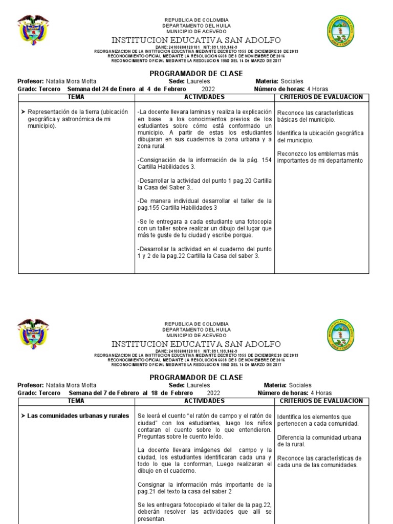 Programador de Clase Sociales Grado Tercero | PDF | Clima | Evaluación