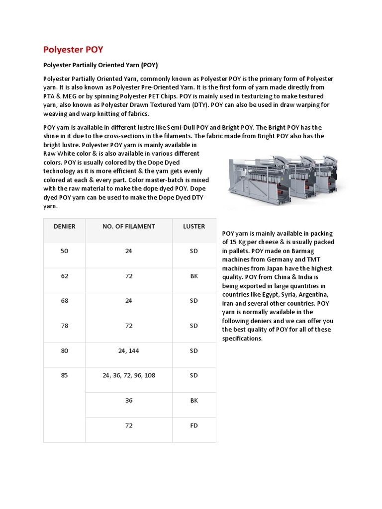 Polyester Partially Oriented Yarn (POY) | PDF | Yarn | Textiles
