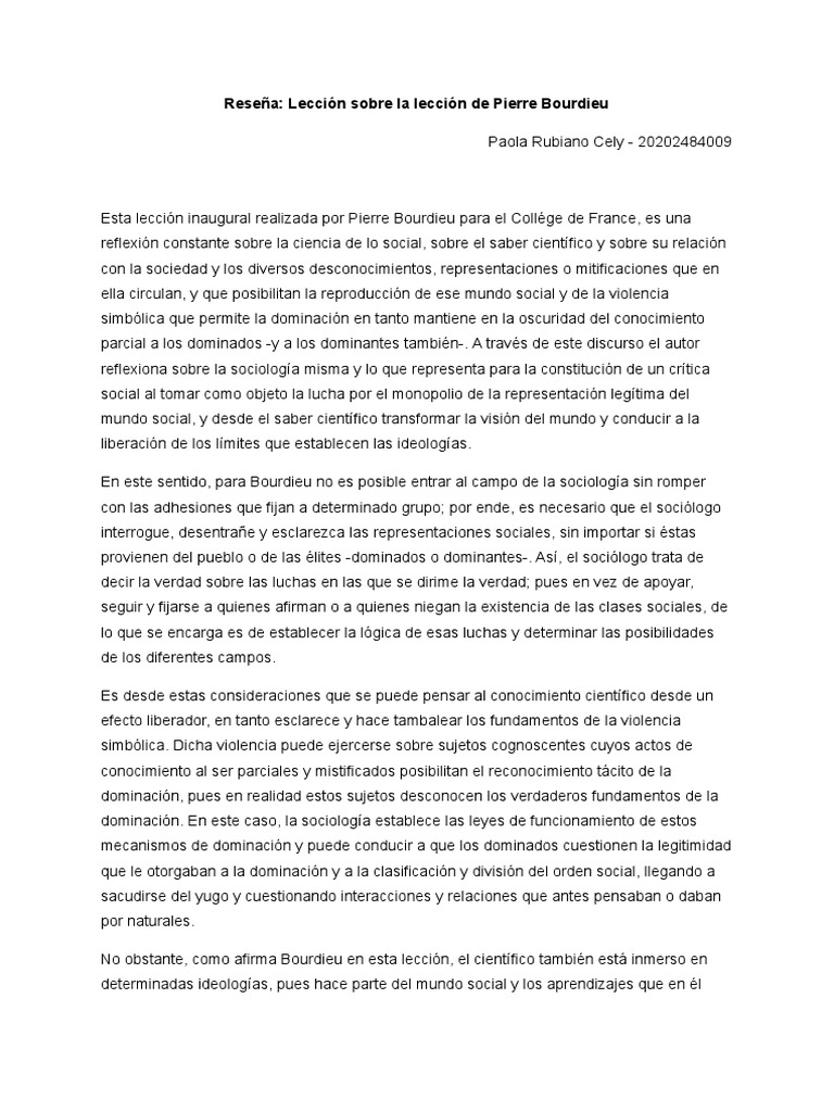Lección Sobre La Lección de Pierre Bourdieu | PDF