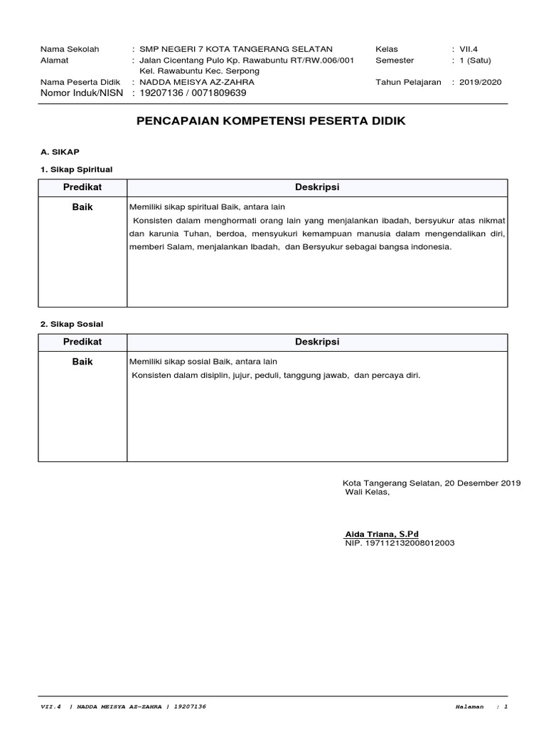 Rapor - NADDA MEISYA AZ-ZAHRA - 20191 | PDF