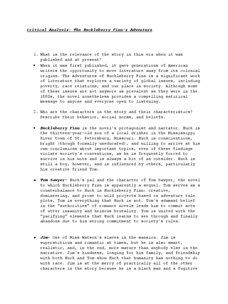 Critical Analysis: The Huckleberry Finn's Adventure | PDF | Huckleberry ...