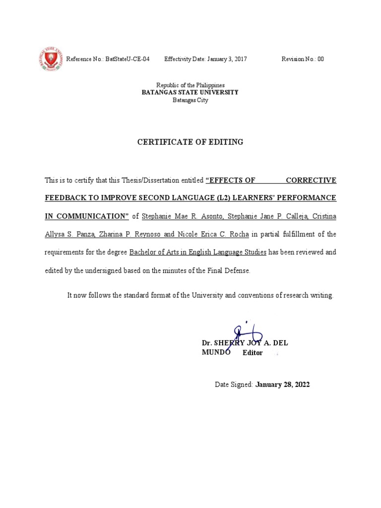 Certificate of Editing | PDF | Second Language | Second Language ...