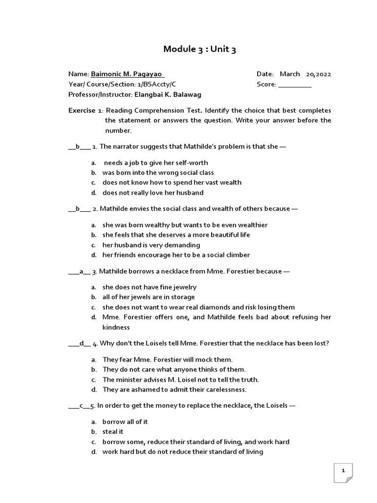 Module 3: Unit 3: Exercise 1: Reading Comprehension Test. Identify The ...