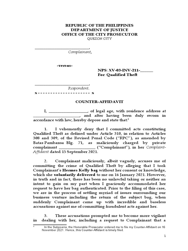 Counter-Affidavit in Qualified Theft Case | PDF | Burden Of Proof (Law ...