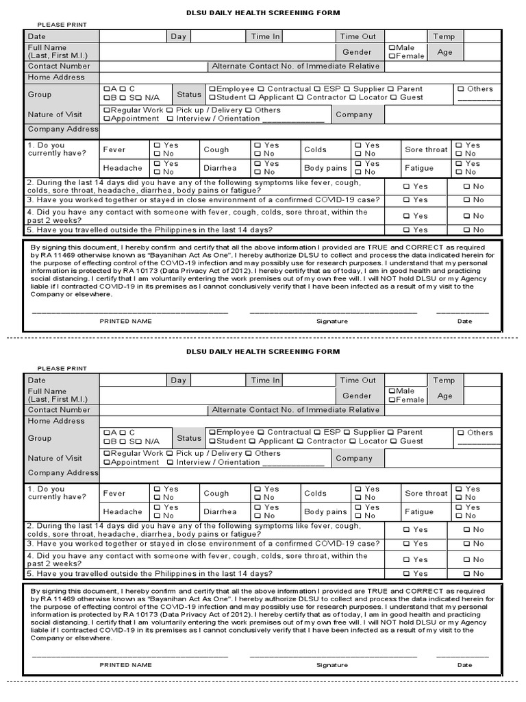 DLSU Health Screening Form | PDF | Common Cold | Medical Specialties