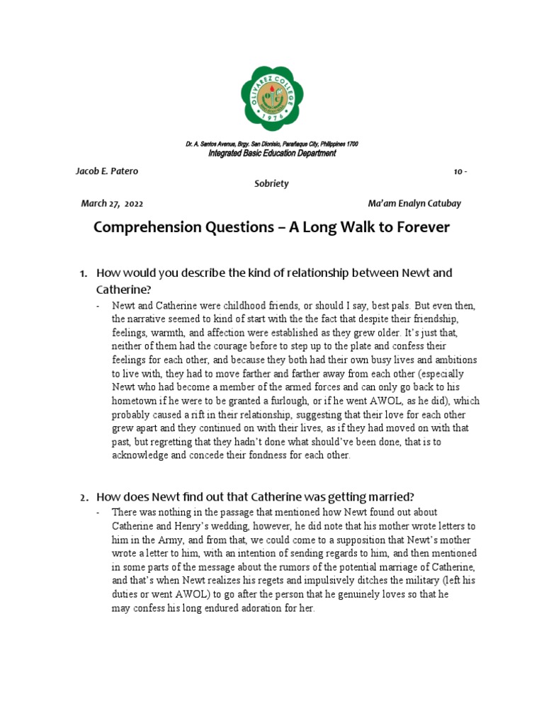 Comprehension Questions - A Long Walk To Forever | PDF | Feeling | Thought
