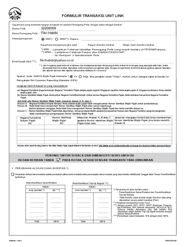 Formulir Transaksi Unit Link | PDF