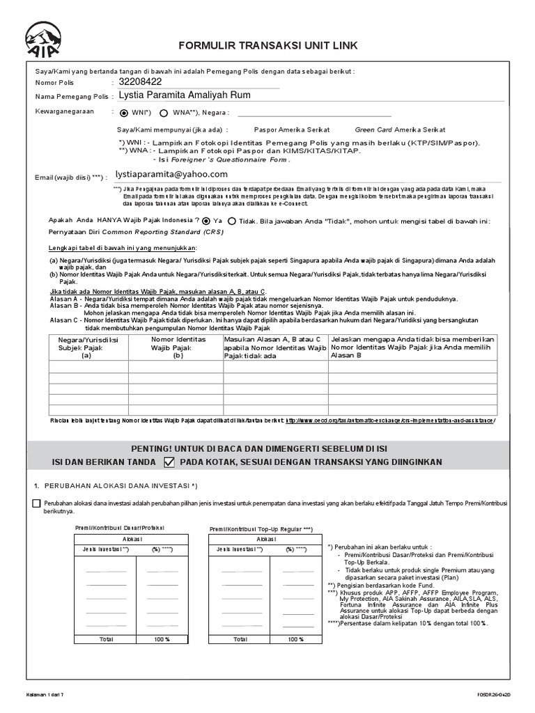 Formulir Transaksi Unit Link | PDF