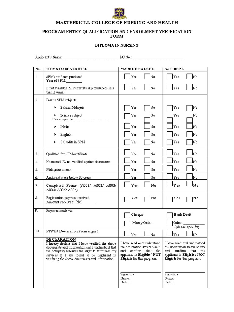 Masterskill College of Nursing and Health: Program Entry Qualification ...
