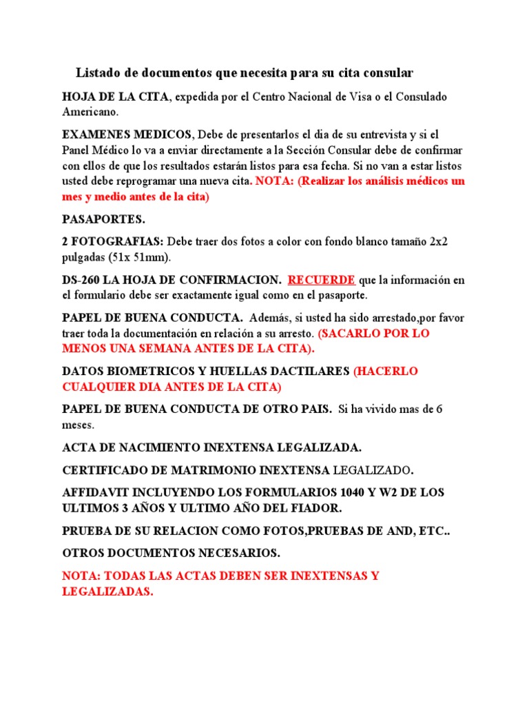 Documentos Necesarios para Cita Consular | PDF