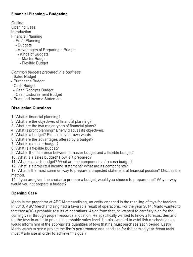 Financial Planning - Budgeting (Discussion Copy With Drills) Matthew ...