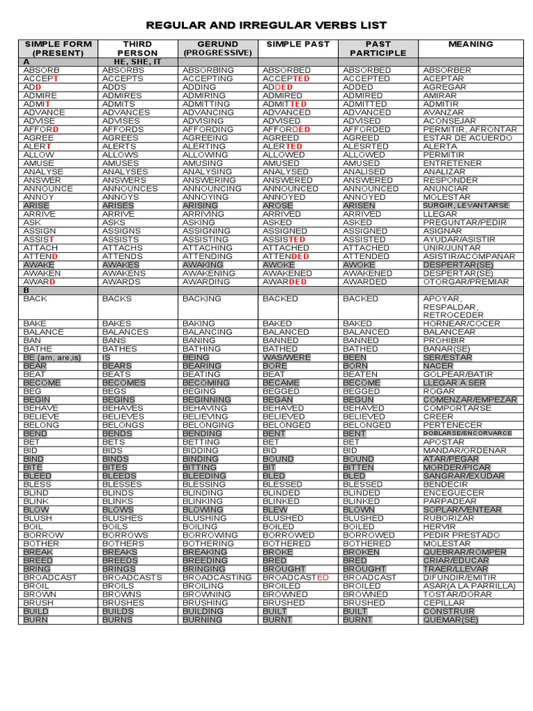 REGULAR AND IRREGULAR VERBS LIST (Autoguardado) | PDF | Semantics | Language Mechanics