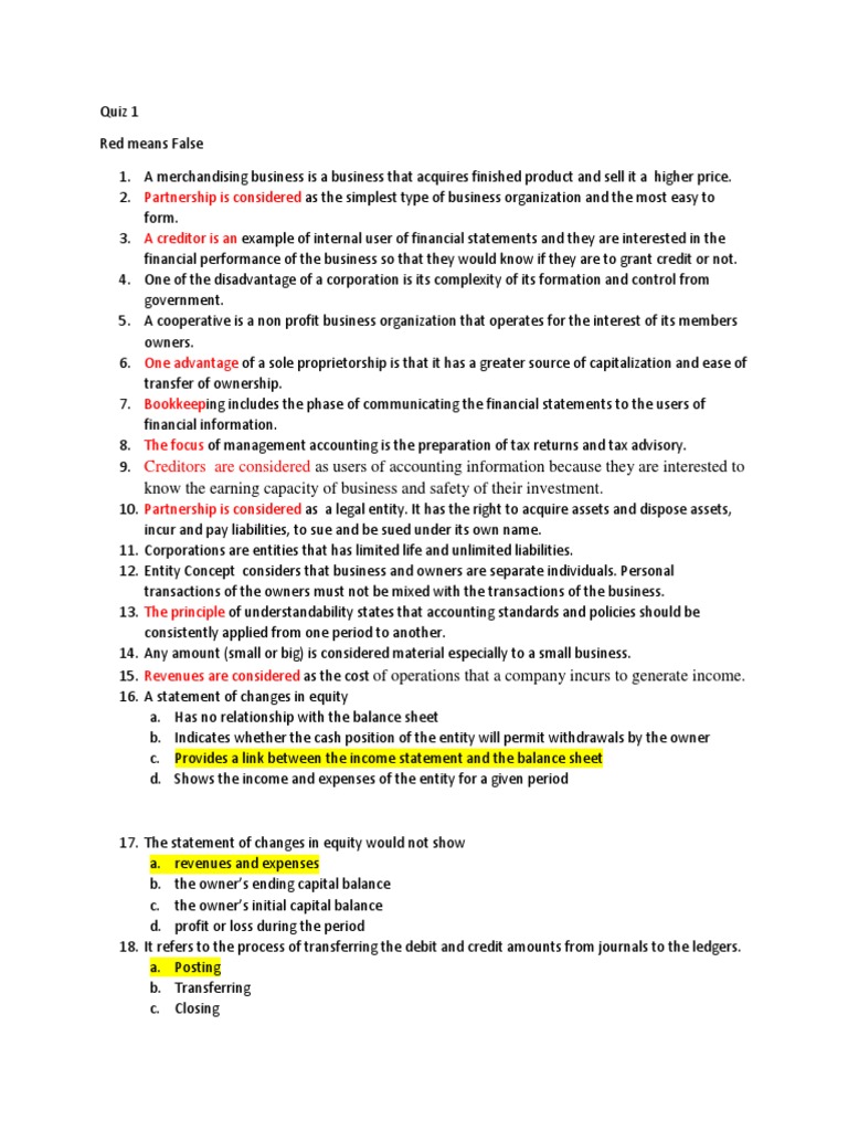 Accounting Quiz: Concepts and Assumptions | PDF | Business | Financial ...