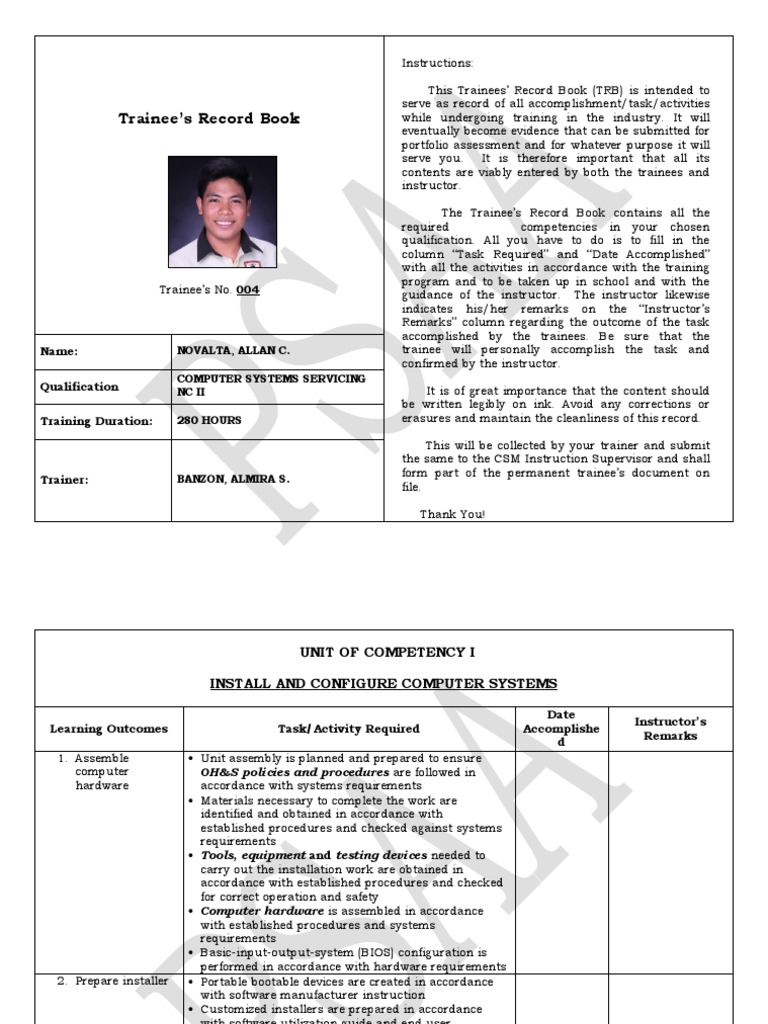 Trainees Record Book Sample | PDF | Installation (Computer Programs ...