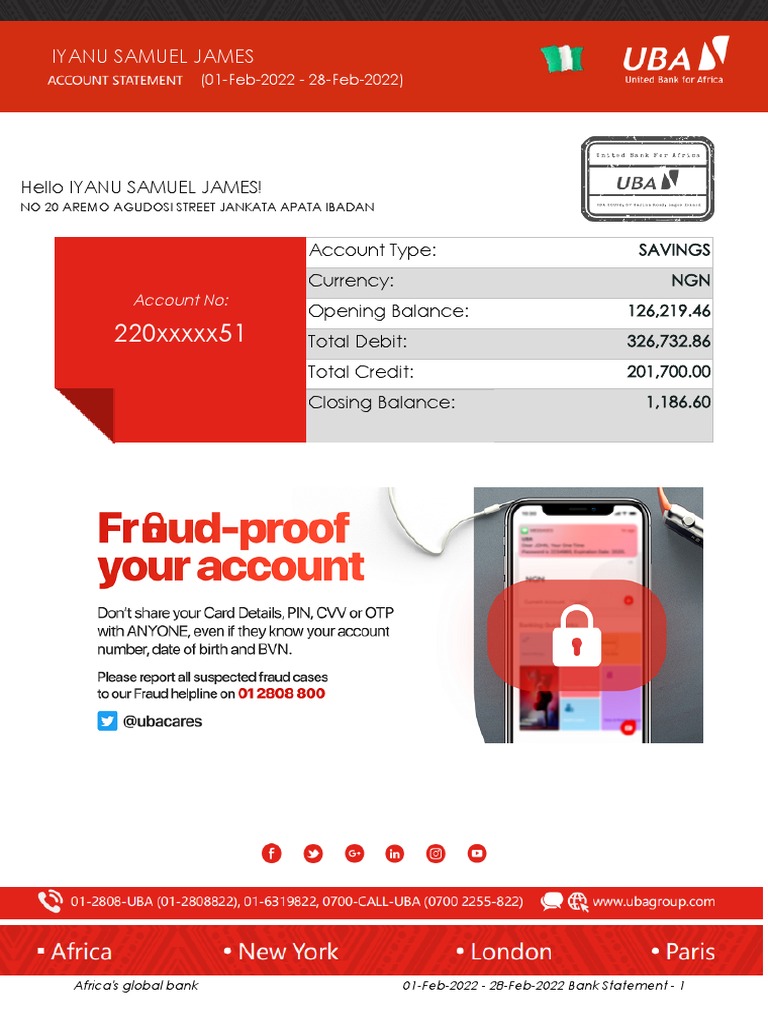 Bank Statement For IYANU SAMUEL JAMES, UBA Group | PDF | Debit Card | Banks