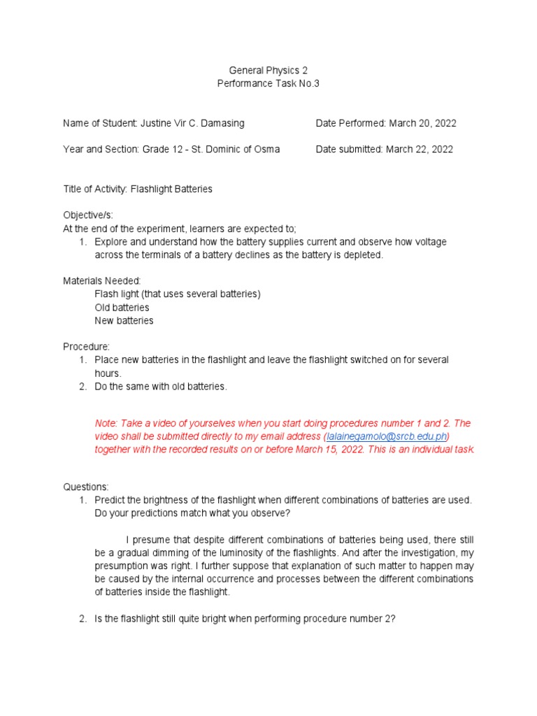 General Physics 2.performance Task No.3 | PDF | Flashlight