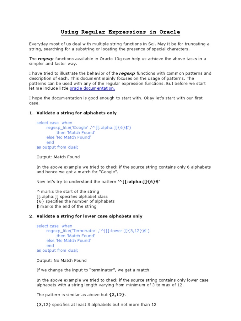 Using Regular Expressions In Oracle For String Validation And Extraction Pdf Regular