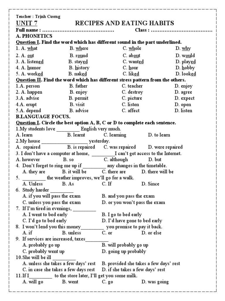 Exercises For Unit 7 Lop 9 | PDF | Salad | Foods