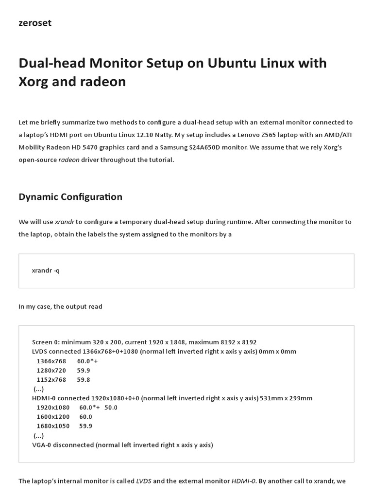Dual-Head Monitor Setup On Ubuntu Linux With Xorg and Radeon - Zeroset | PDF | Http Cookie | Laptop