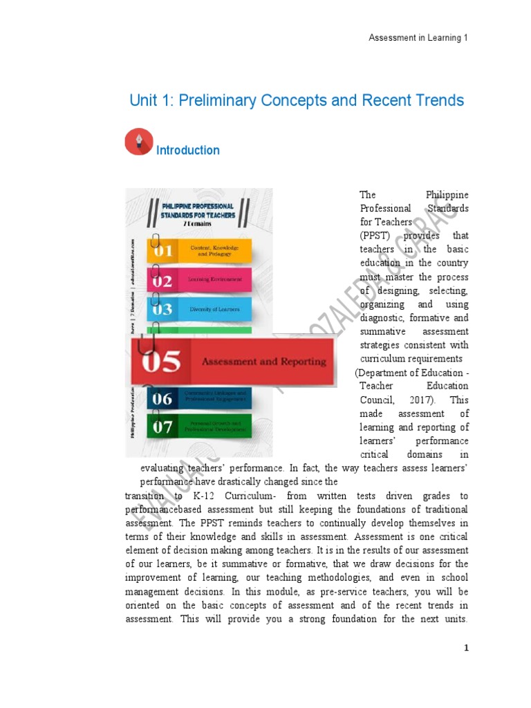 Unit 1: Preliminary Concepts and Recent Trends: Assessment in Learning ...