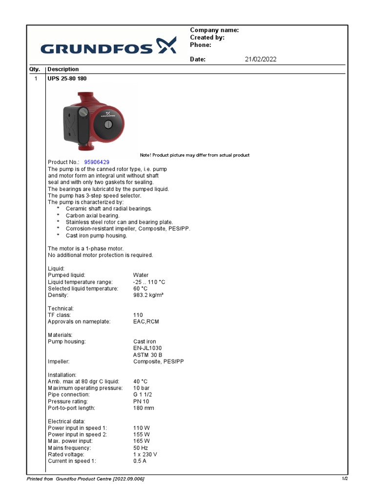 Grundfos Ups 2580 180 | PDF | Pump | Electric Motor