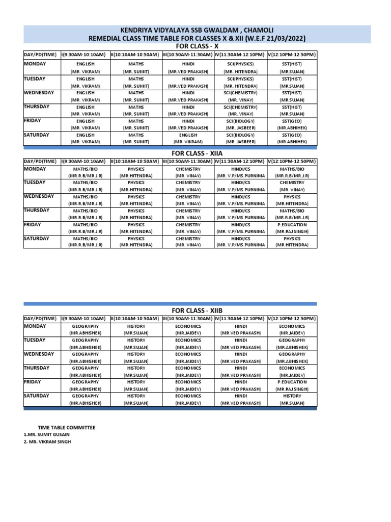 Remedial Class Time Table For X & Xii | PDF Remedial Class Time Table For X & Xii | PDF