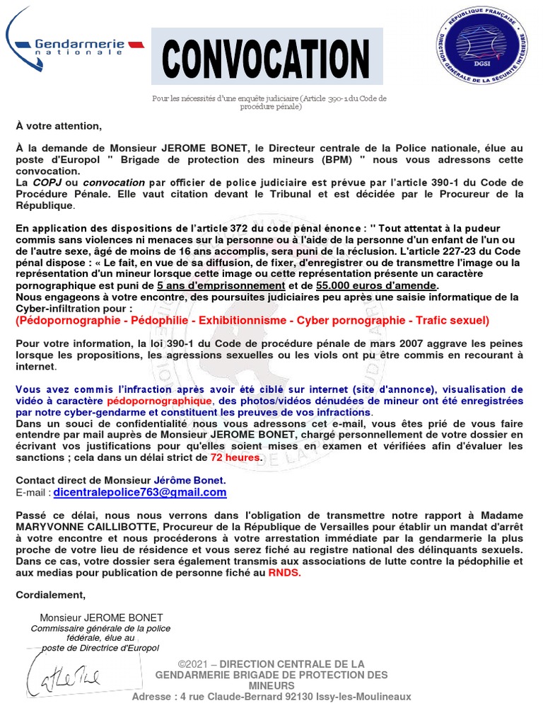 Convocation Police | PDF | Pédophilie | Pédopornographie