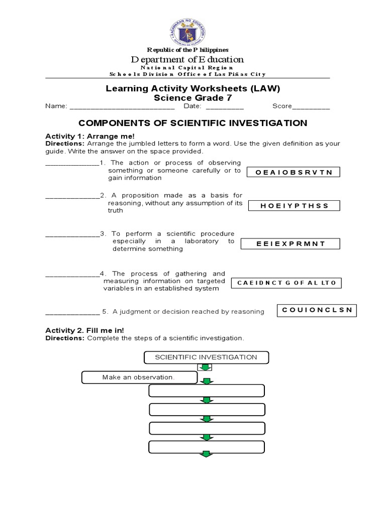Department of Education: Learning Activity Worksheets (LAW) Science ...