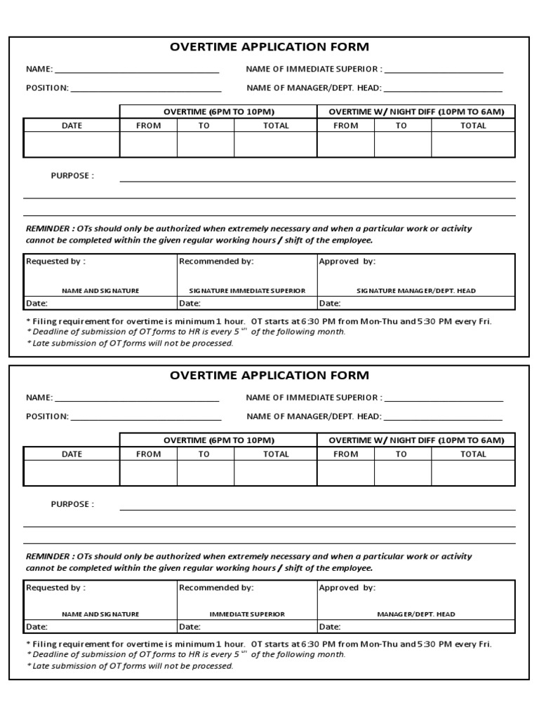 Overtime Application Form: Overtime (6Pm To 10Pm) Overtime W/ Night ...